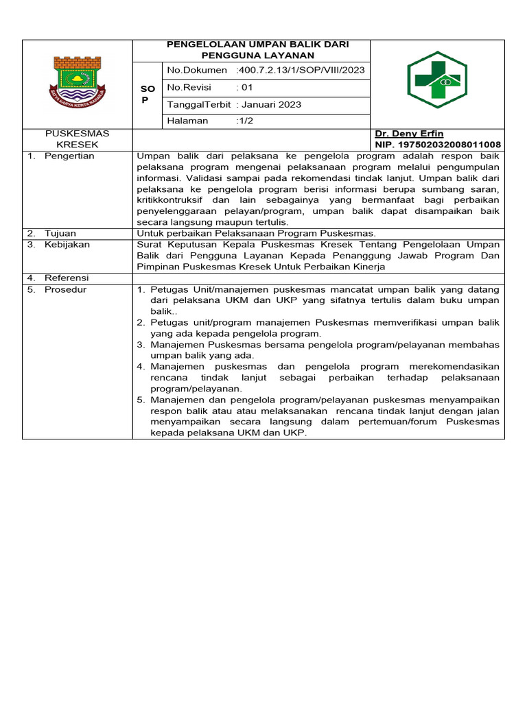 Sop Pengelolaan Umpan Balik | PDF
