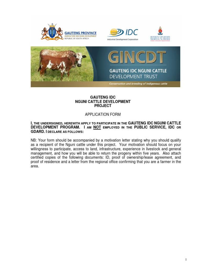 Nguni Cattle Application Form 1 | PDF
