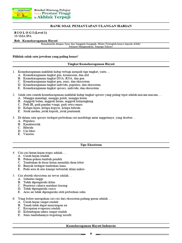 Bank Soal BIOLOGI - 10 SMA IPA - Bab - Keanekaragaman Hayati (LEVEL 1 ...