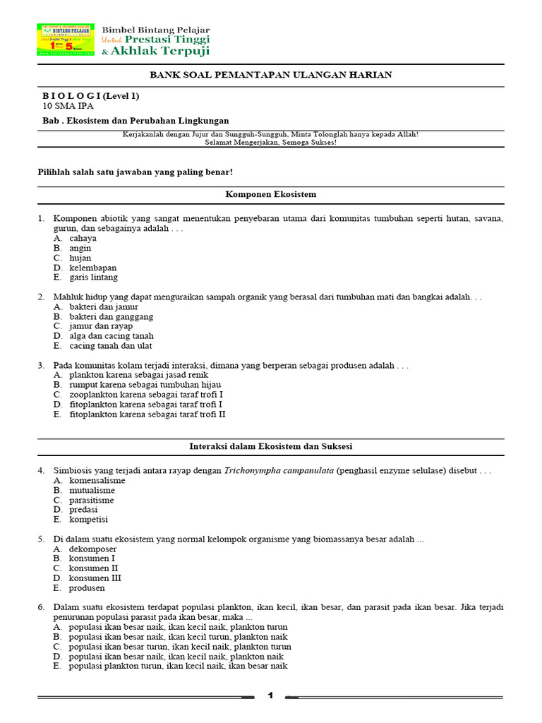 Bank Soal BIOLOGI - 10 SMA IPA - Bab - Ekosistem Dan Perubahan Lingkungan (LEVEL 1) (Layout) | PDF