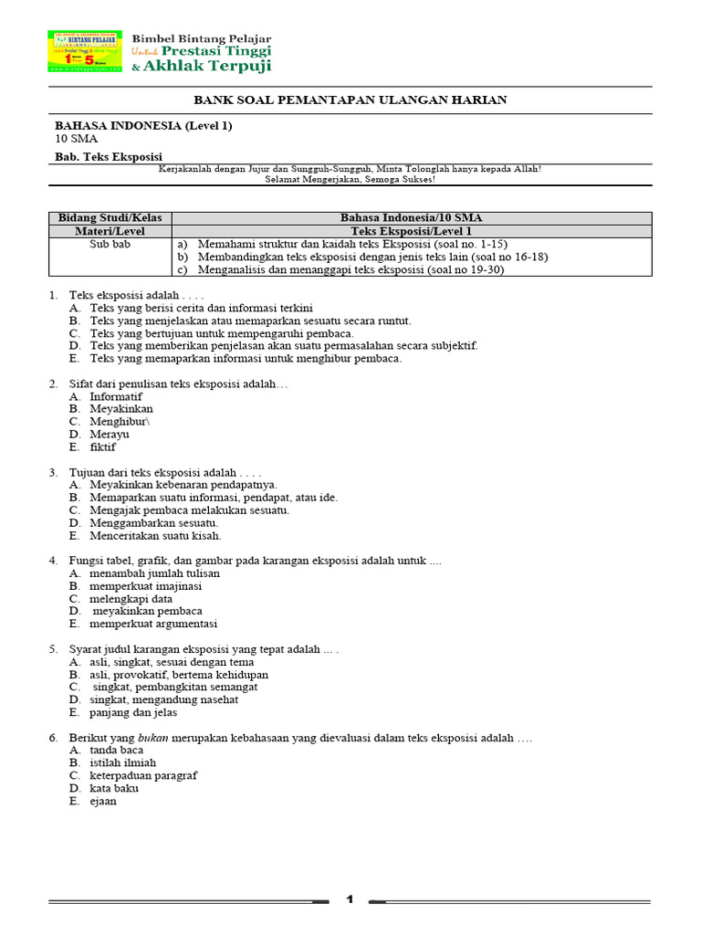 Bank Soal B. INDONESIA - 10 SMA - Bab. Teks Eksposisi (LEVEL 1) (Layout ...