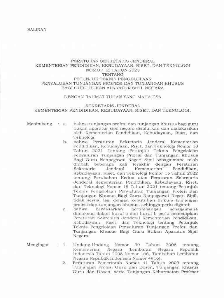 PERSESJEN NO. 16 TAHUN 2023 - JUKNIS TPG TKG Guru Bukan ASN 2023 | PDF | Bisnis