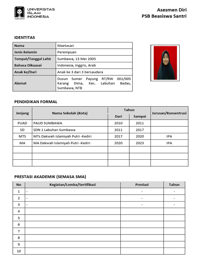 Maetasari - Form Asesmen Diri PSB Beasiswa Santri | PDF