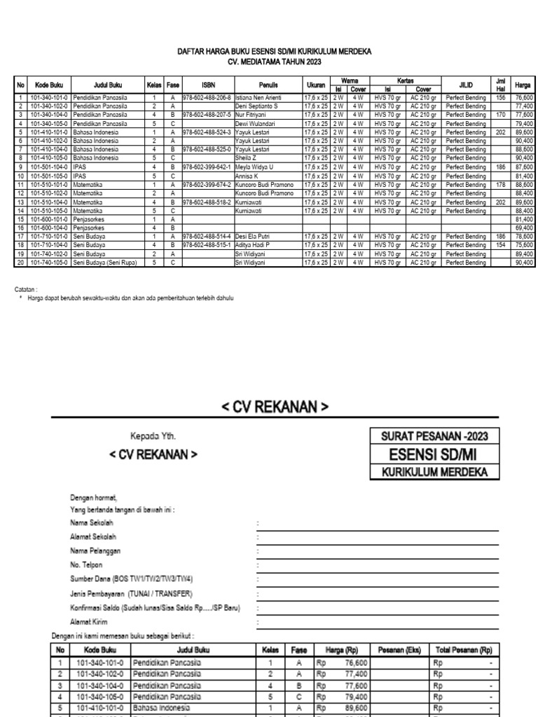 Daftar Harga Buku Esensi 2023 | PDF