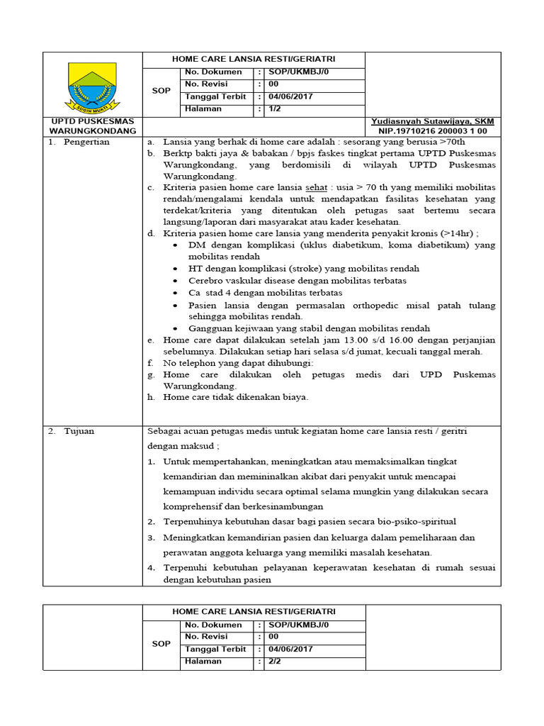 Sop Home Care Lansia Resti Geriatri | PDF