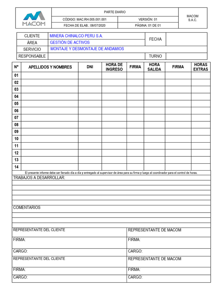Mac - RH.005.001.001 - Parte Diario Andamio | PDF