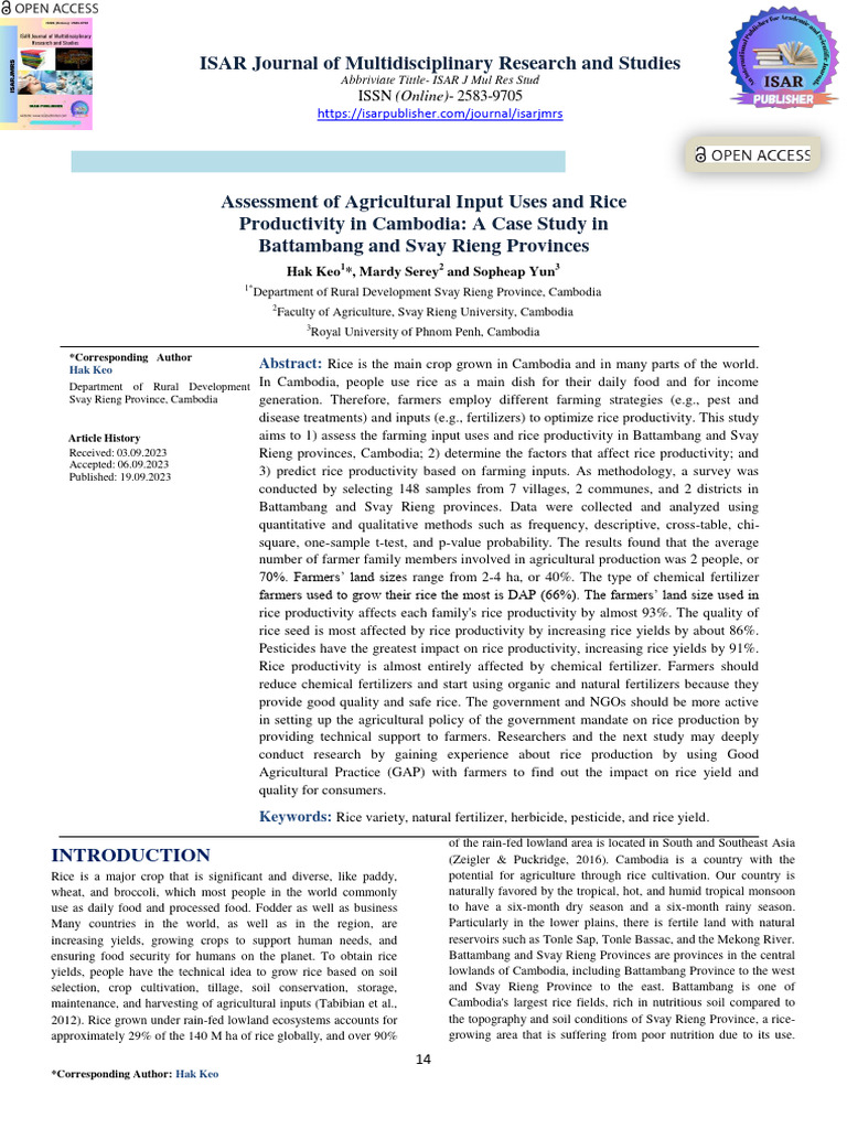 Assessment of Agricultural Input Uses and Rice Productivity in Cambodia: A Case Study in ...