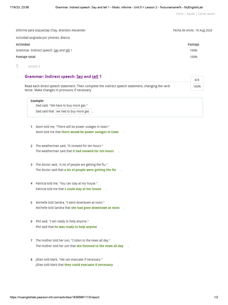 Grammar - Indirect Speech - Say and Tell 1 - Modo - Informe - Unit 5 - Lesson 2 - MyEnglishLab | PDF