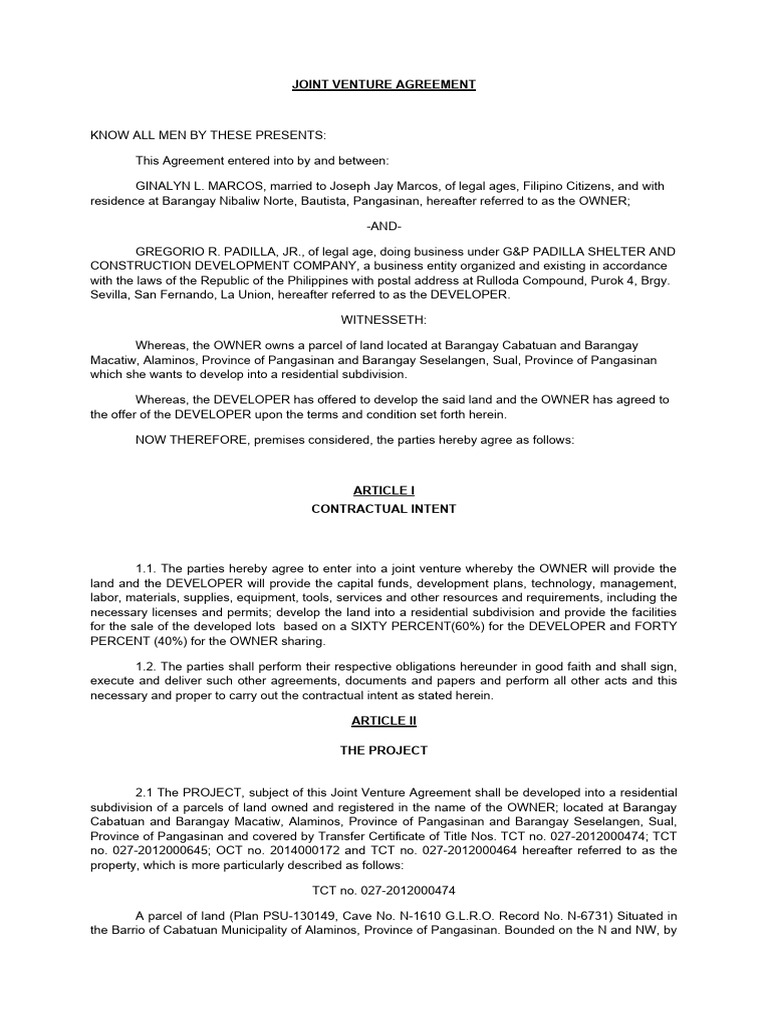 JOINT VENTURE AGREEMENT (Draft) | PDF