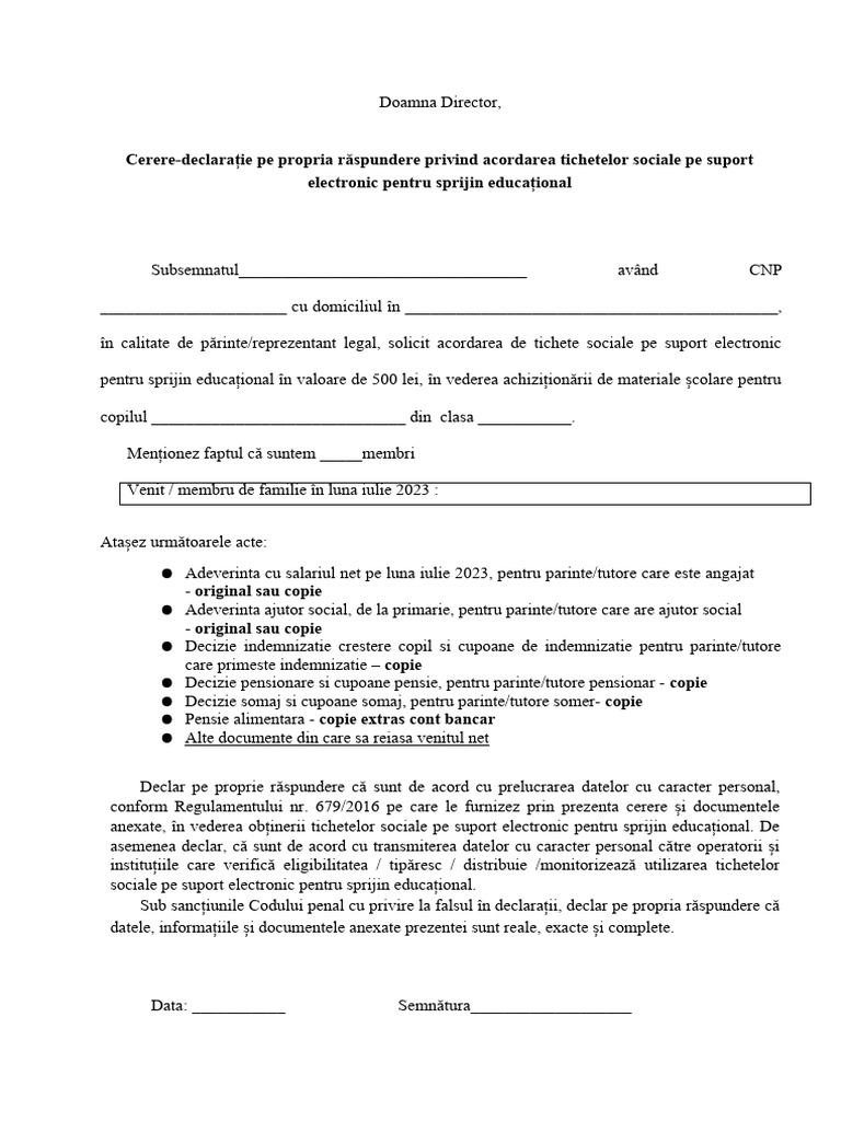 Cerere Tichete Sociale 2023 2024 | PDF