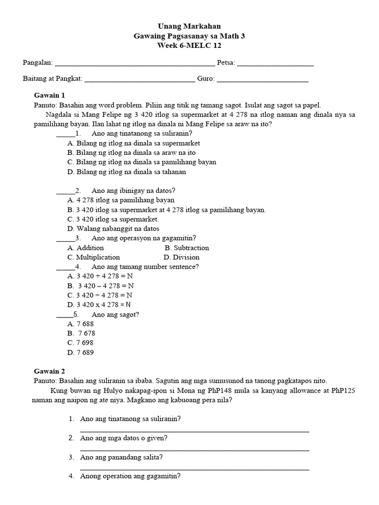 LAS-Q1-Math3-MELC 12-Week 6 | PDF