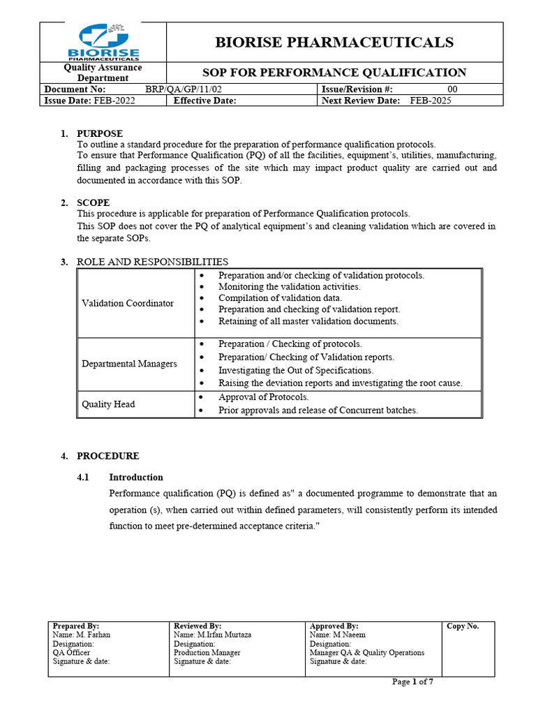 02-SOP For Performance Qualifications | PDF