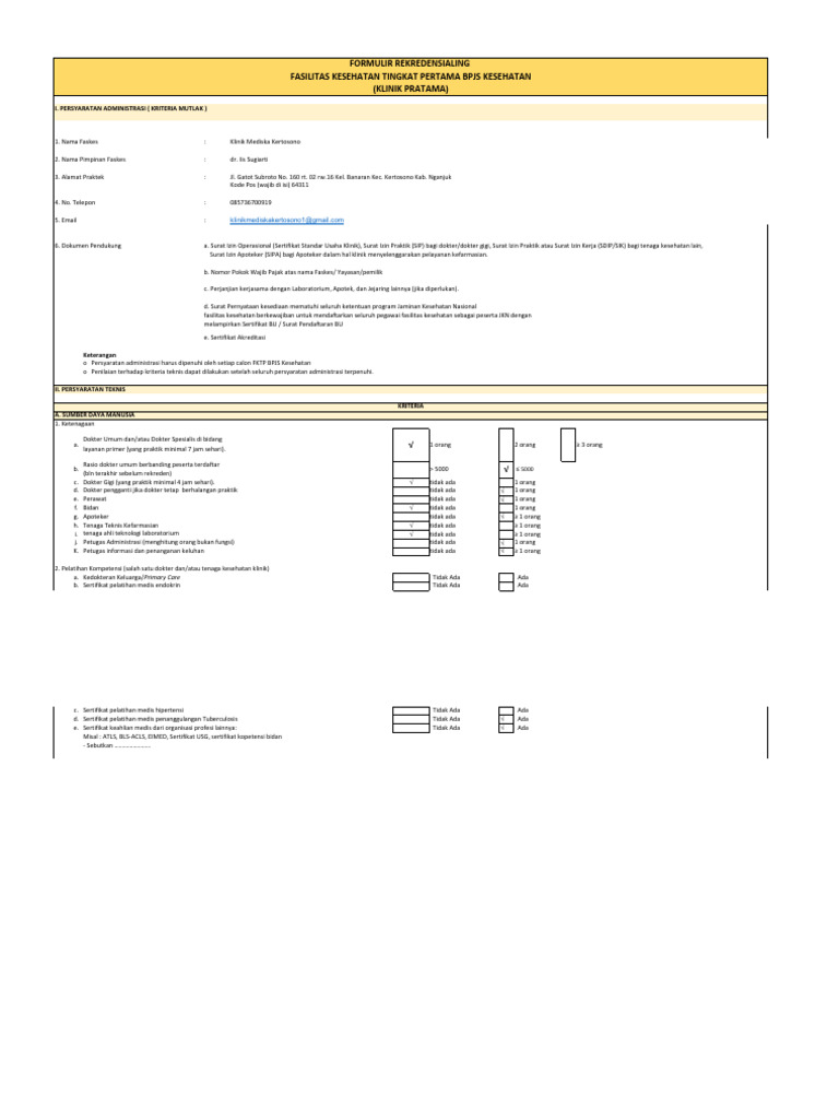 SA KLINIK RJ Formulir Rekredensialing FKTP Tahun 2023 NET Kirim | PDF