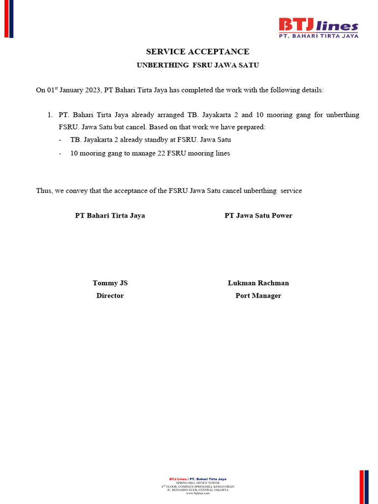 Service Acceptance Fsru Jawa Satu | PDF