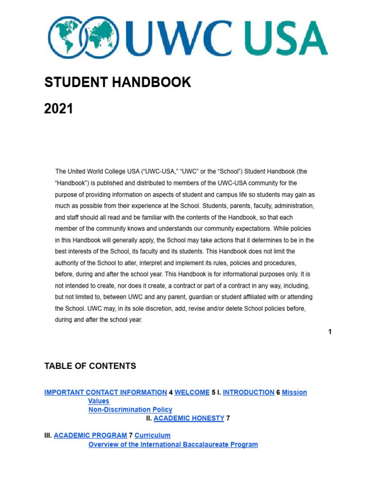 UWC USA Student Handbook 2021 | PDF | Social Science | Self-Improvement
