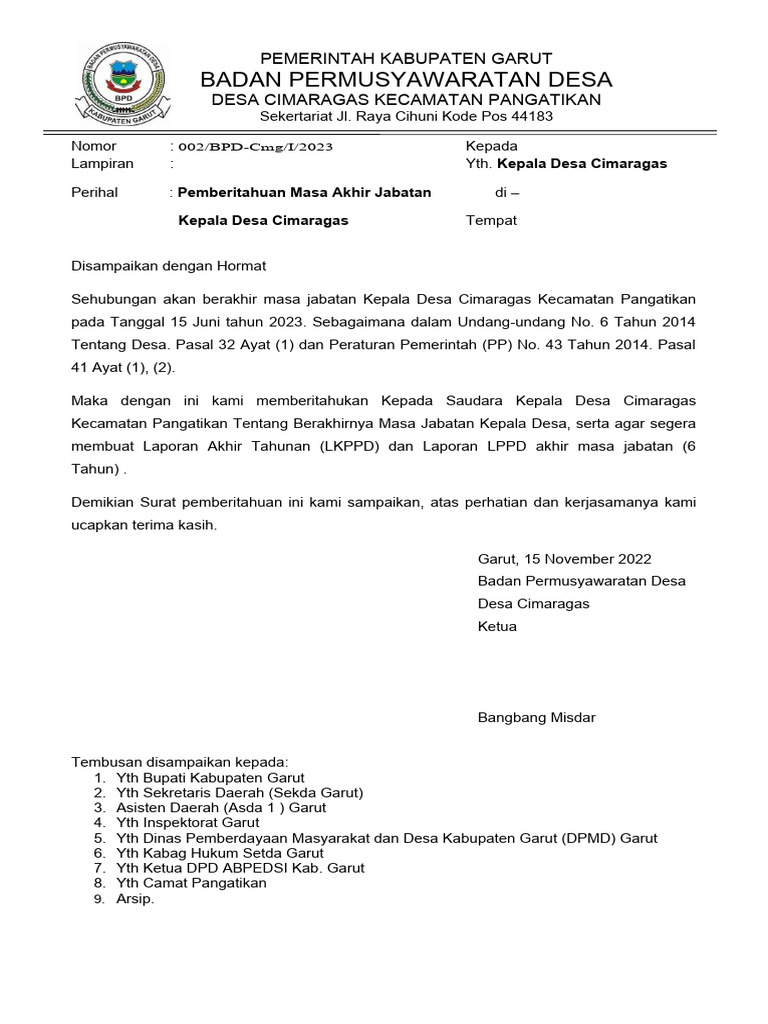 Contoh Surat Pemberitahuan Akhir Masa Jabatan Kepala Desa | PDF