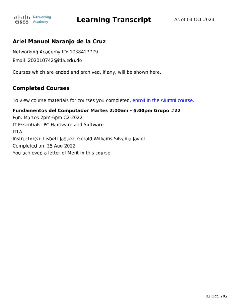 NetAcad Learning Transcript | PDF