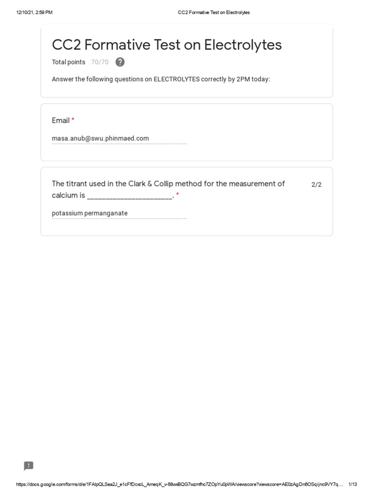 CC2 Formative Test On Electrolytes | PDF | Science & Mathematics