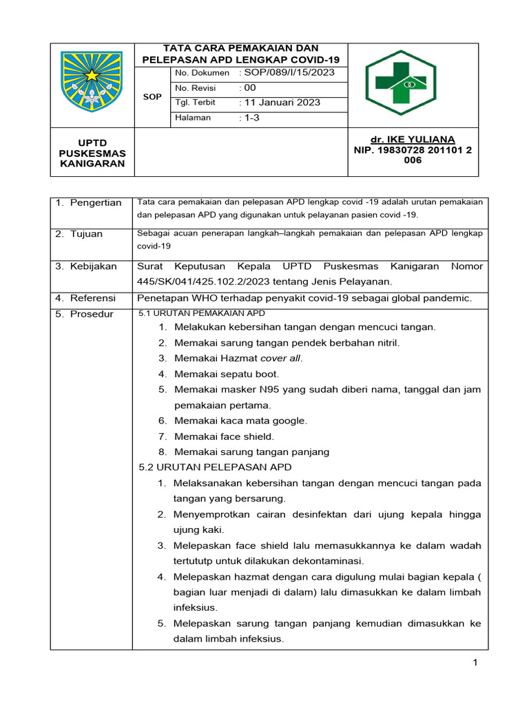 Sop Pemakaian Apd Dan Pelepasan Apd Lengkap Covid-19 | PDF