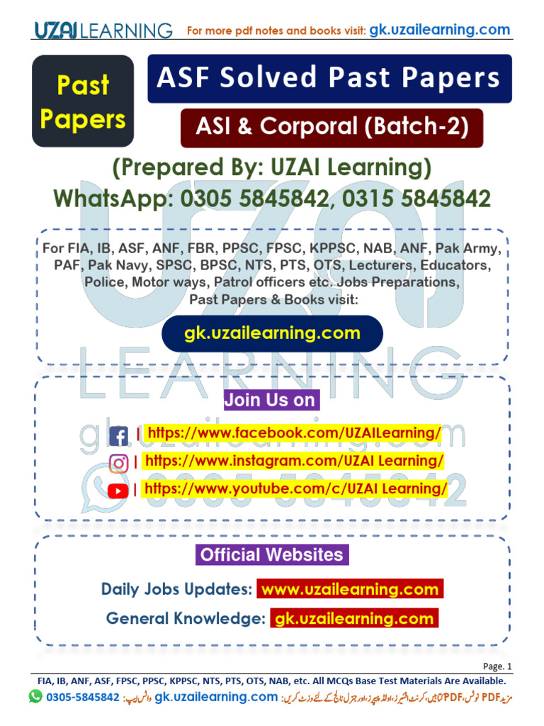 ASF ASI Corporal Solved Past Papers Batch-2, Prepared by UZAI Learning ...