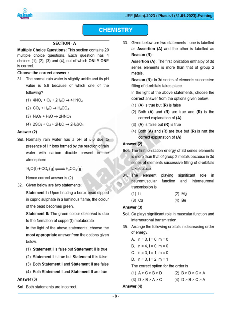 Answer and Solutions - JEE - Main 2023 QP Jan 31 Evening Shift ...