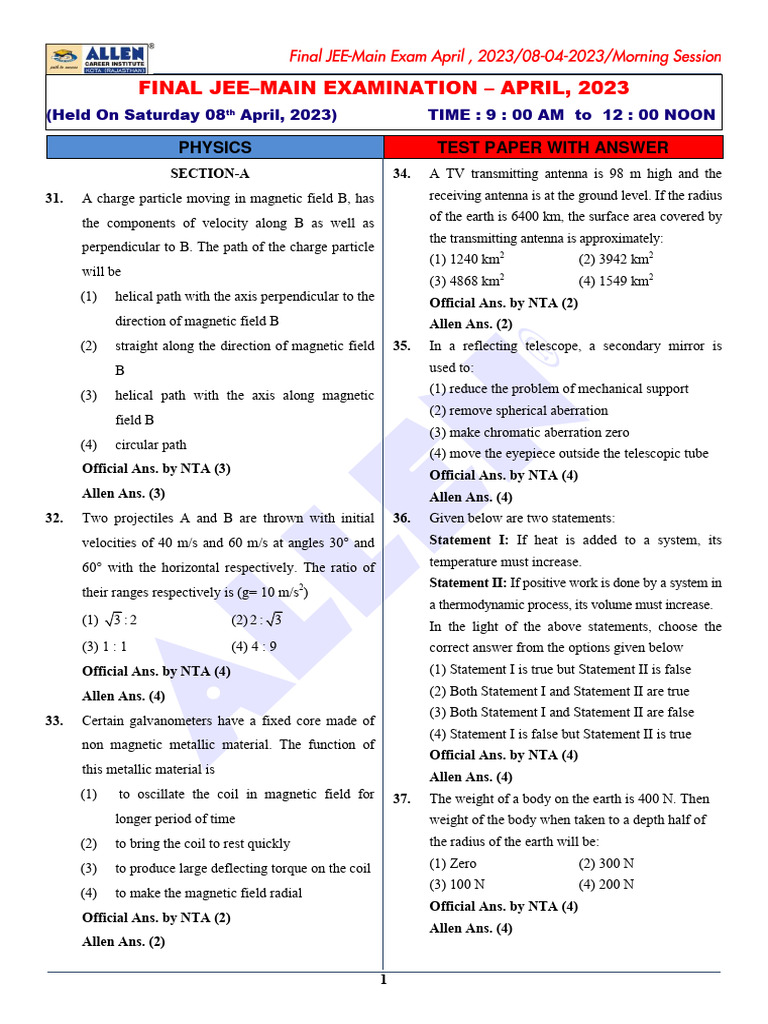 0804 Physics Paper With Ans Morning | PDF | Teaching Methods & Materials | Technology & Engineering