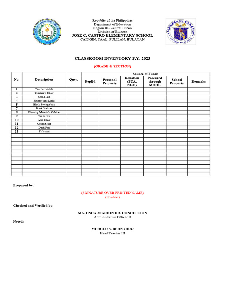 Classroom Inventory Cy 2023 2024 Template Copy | PDF