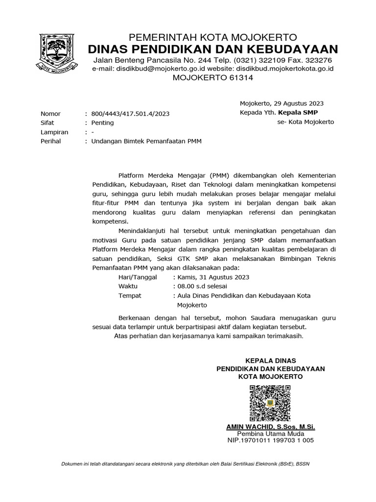 Surat Undangan Bimtek PMM+Lampiran | PDF