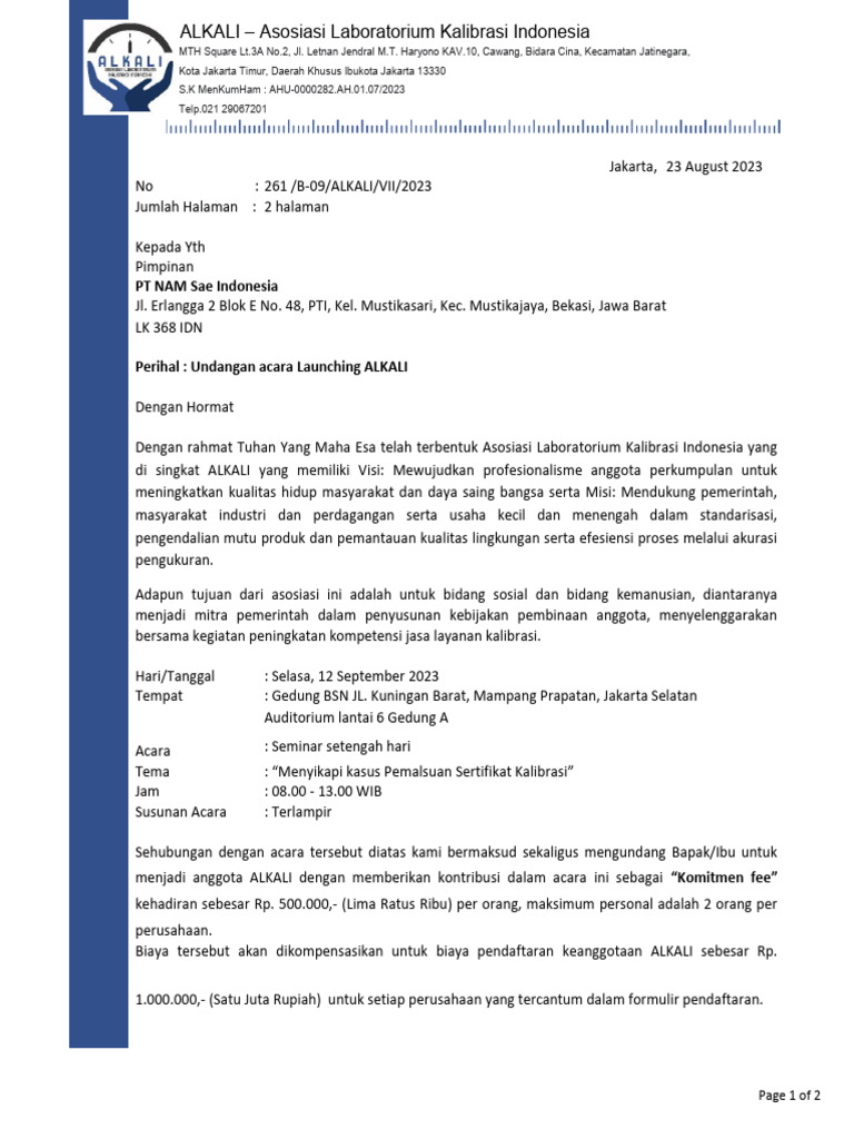 Surat Undangan Launching ALKALI PT NAM Sae Indonesia | PDF