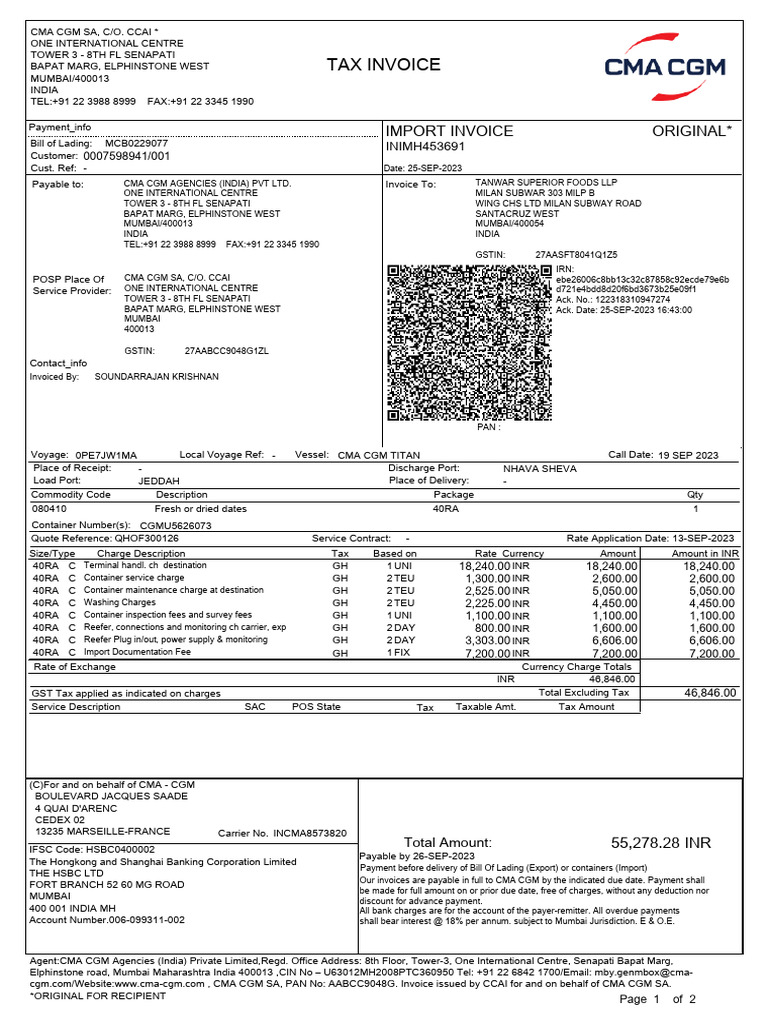 Shipping Line Invoice Inimh453691 | PDF