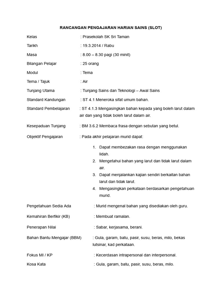 Rancangan Pengajaran Harian Sains | PDF Rancangan Pengajaran Harian Sains | PDF