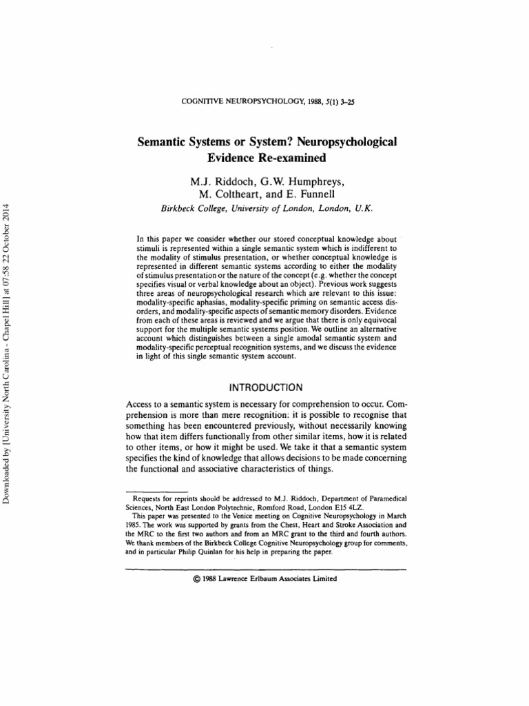 Riddoch, M., Humphreys, G., Coltheart, M. & Funnell, E. Semantic Systems or System ...