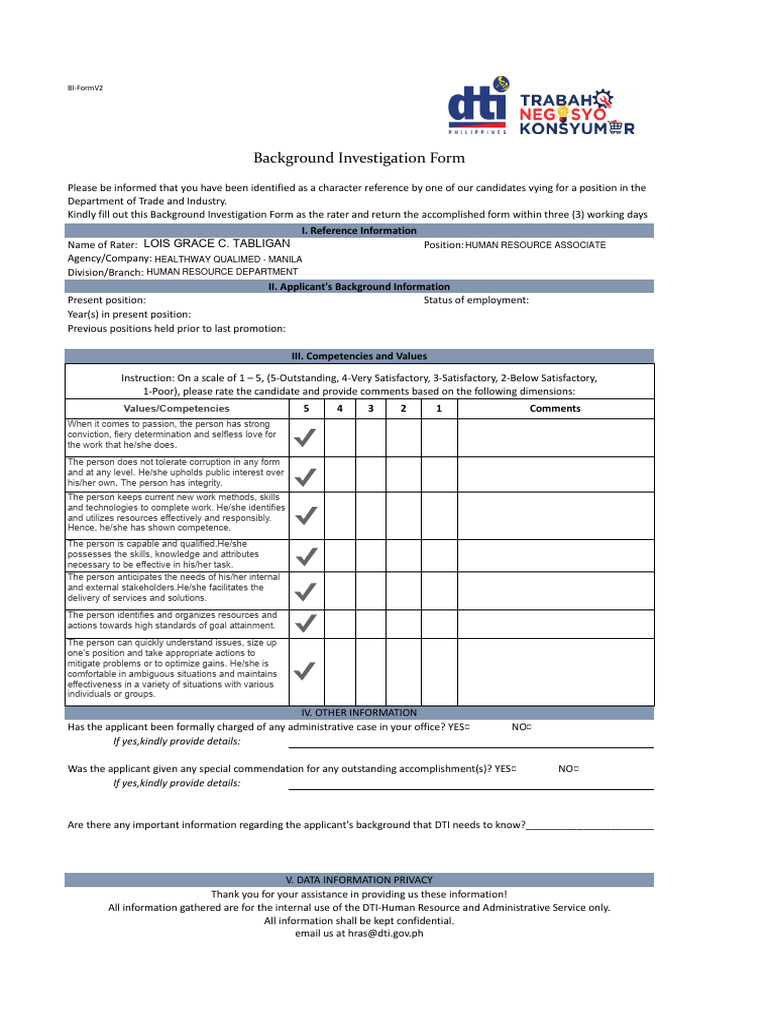 DTI Background Investigation Form PDF | PDF
