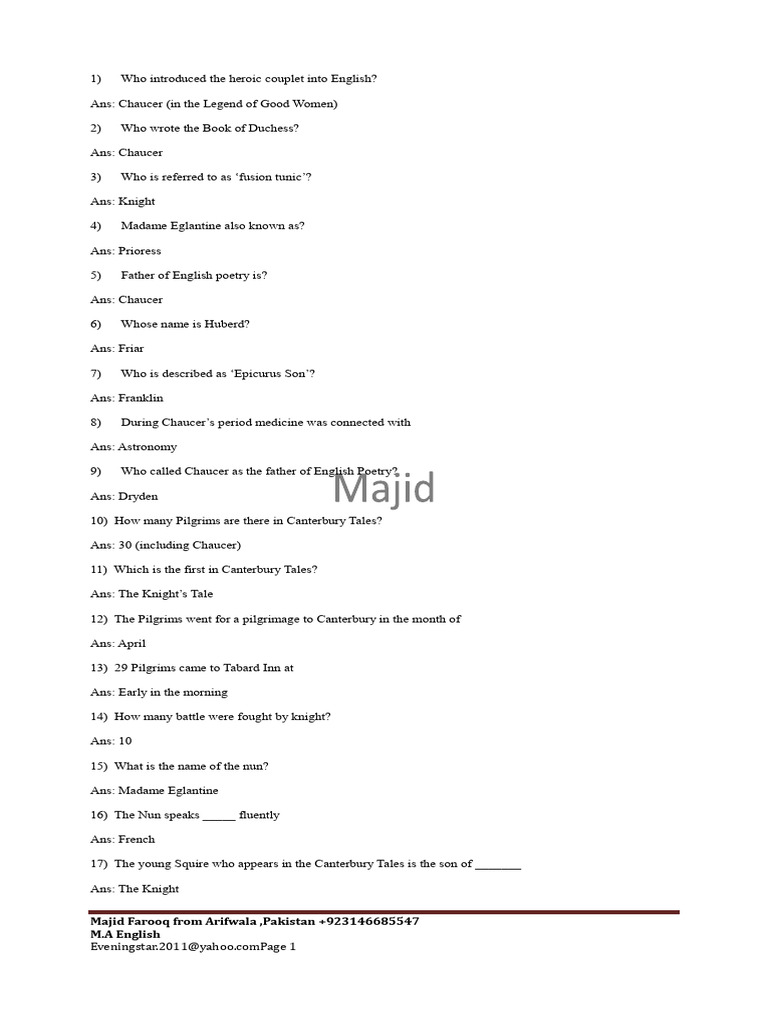 Canterbury Tales Mcqs Majid | PDF