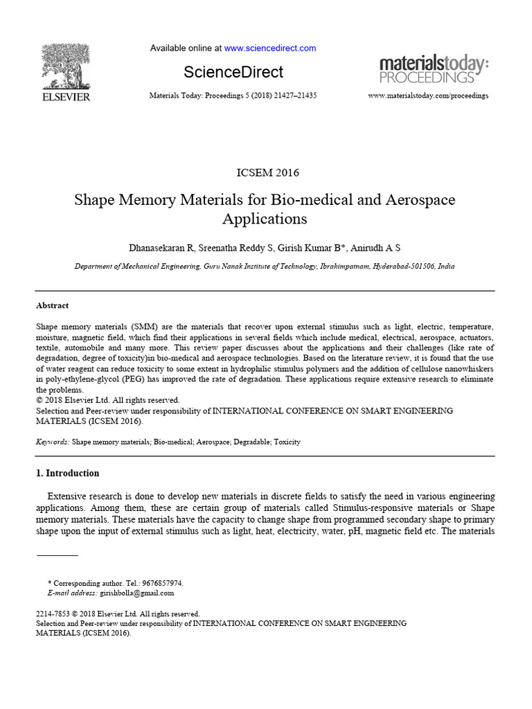 2018 Shape Memory Materials For Bio-Medical and Aerospace Applications ...