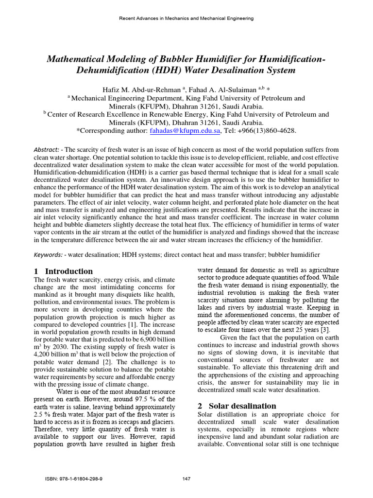 2015 - Mathematical Modeling of Bubbler Humidifier For HDH Water ...