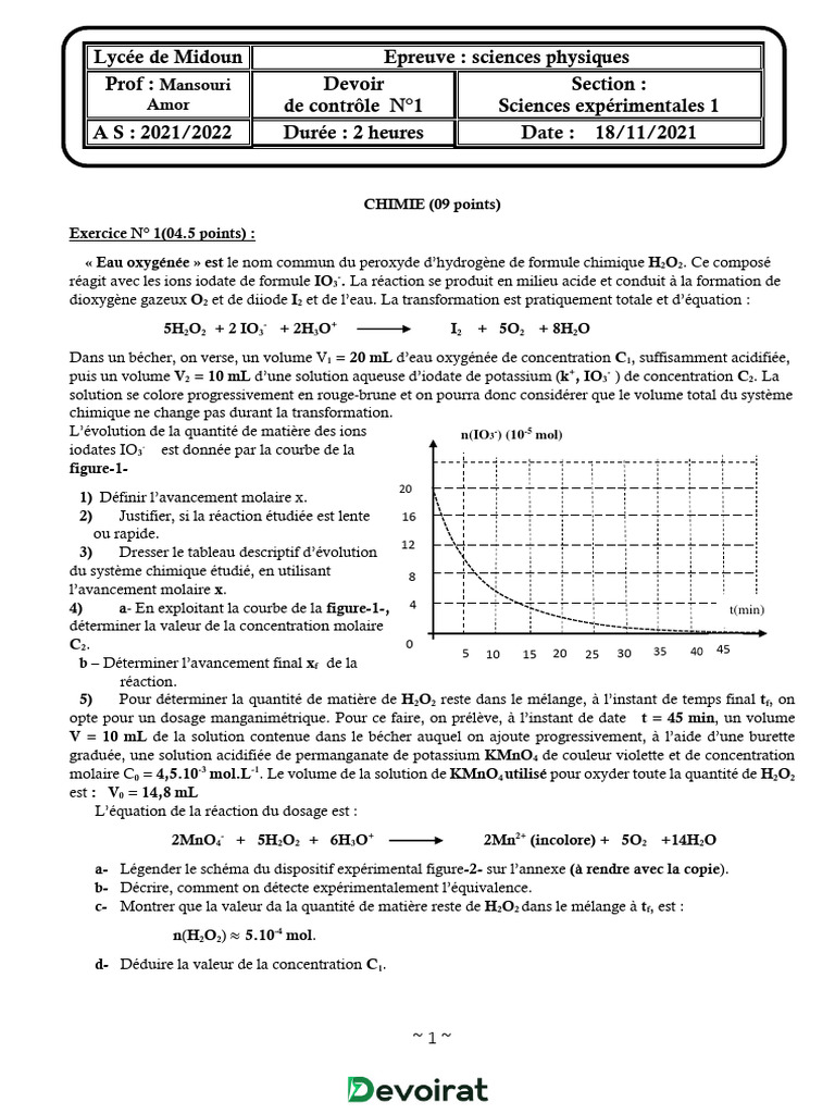 Devoir de Contrôle N°1 - Sciences Physiques - Bac Sciences Exp (2021 ...