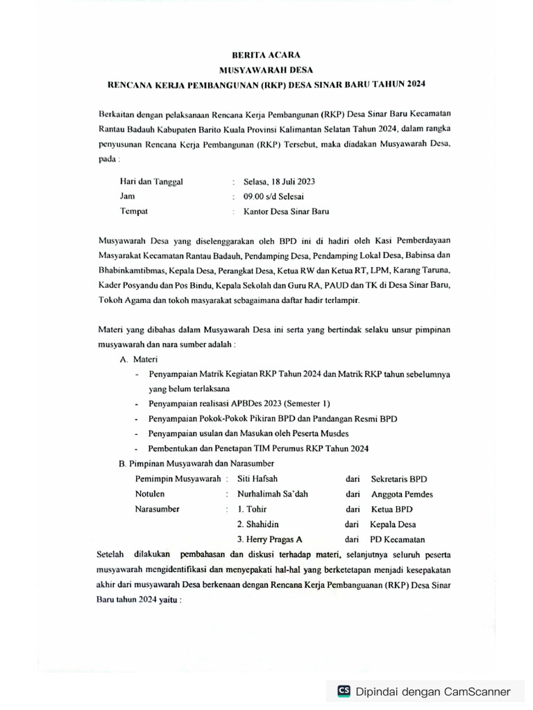 BA Dan Notulen Musdes RKP 2024 Sinar Baru | PDF