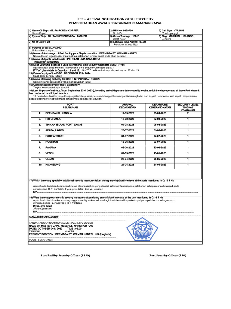 Pre-Arrival Notice for MT. FAIRCHEM COPPER | PDF