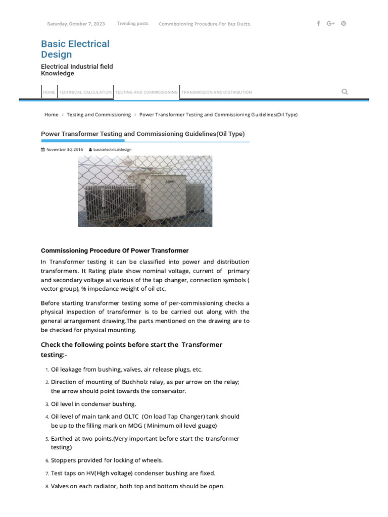 Power Transformer Testing and Commissioning Guidelines | PDF