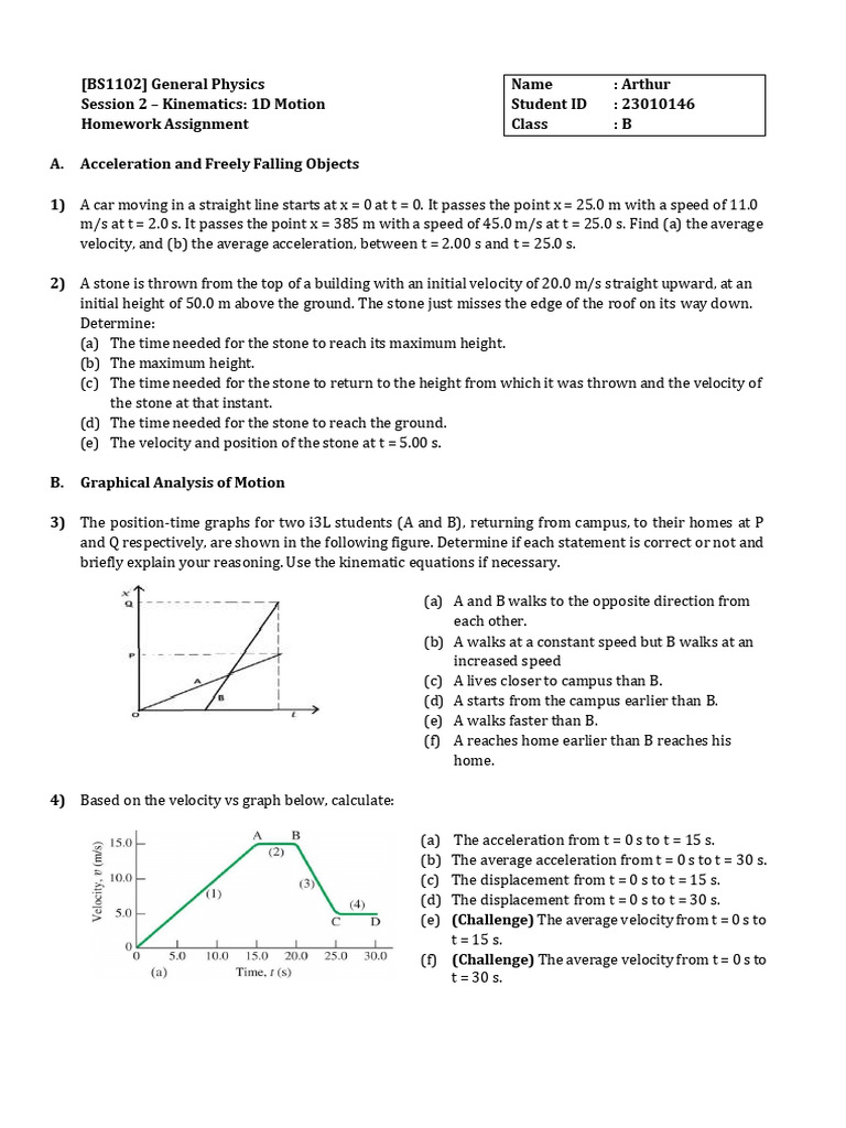 Kinematics Homework: 1D Motion Problems | PDF