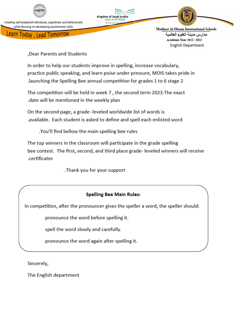 Spelling Bee Letter 2nd stage 2022-2023 | PDF