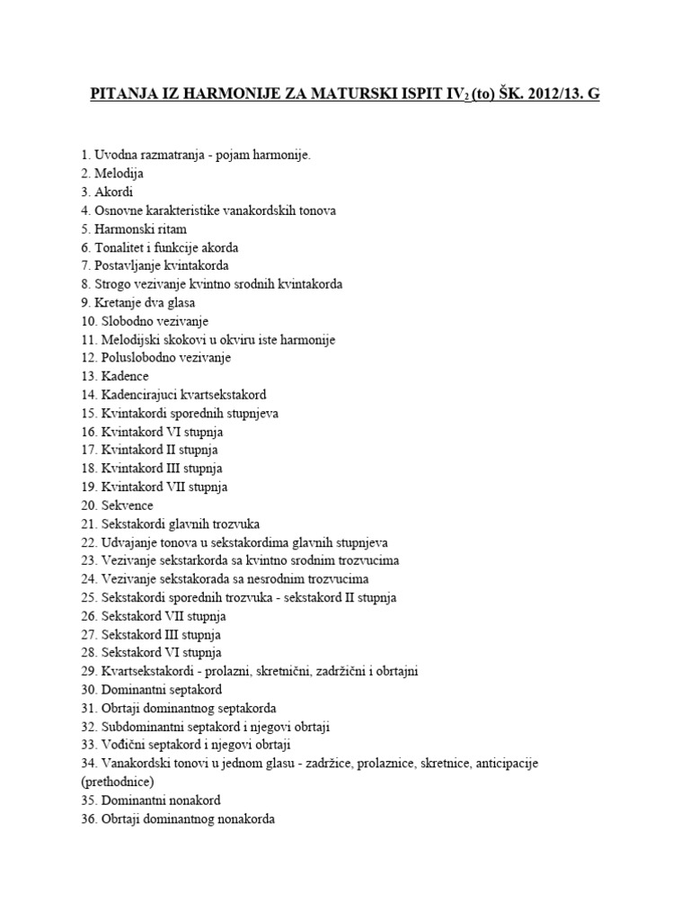 Pitanja Iz Harmonije Za Maturski Ispit Iv2 | PDF