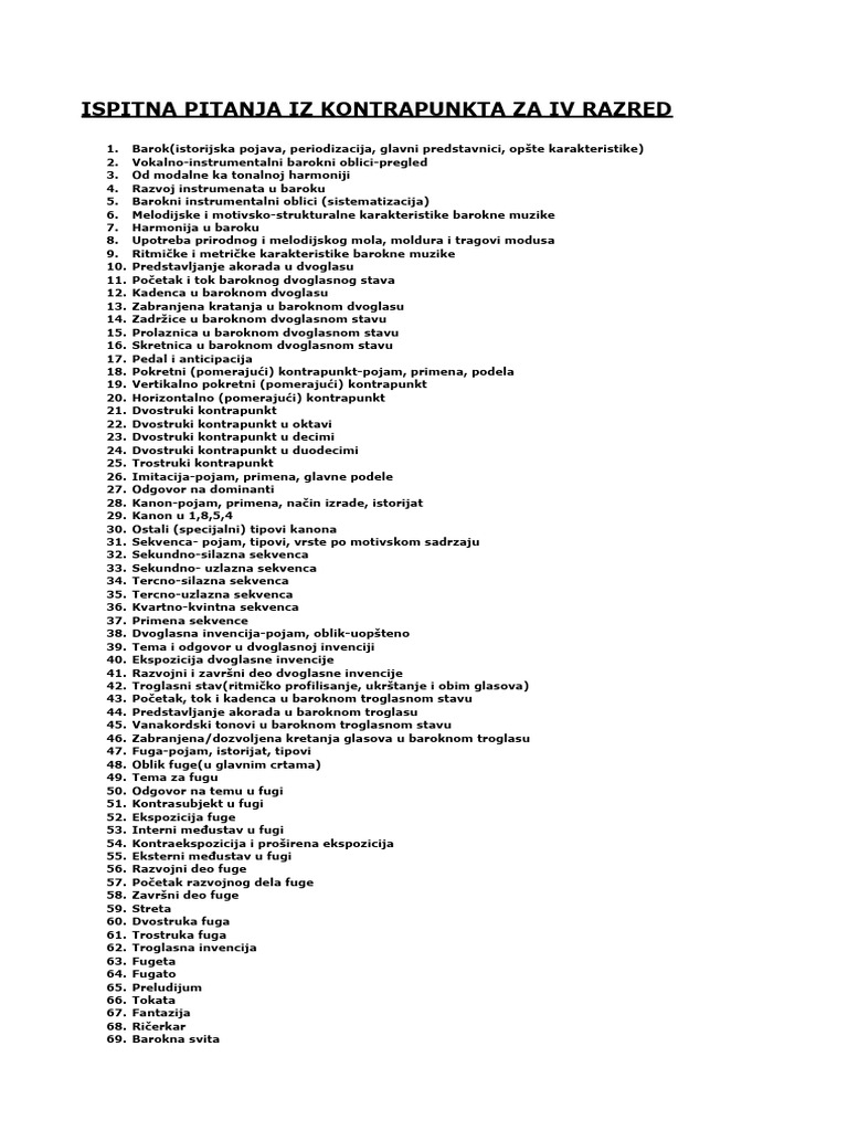 Ispitna Pitanja Iz Kontrapunkta Za Iv Razred | PDF