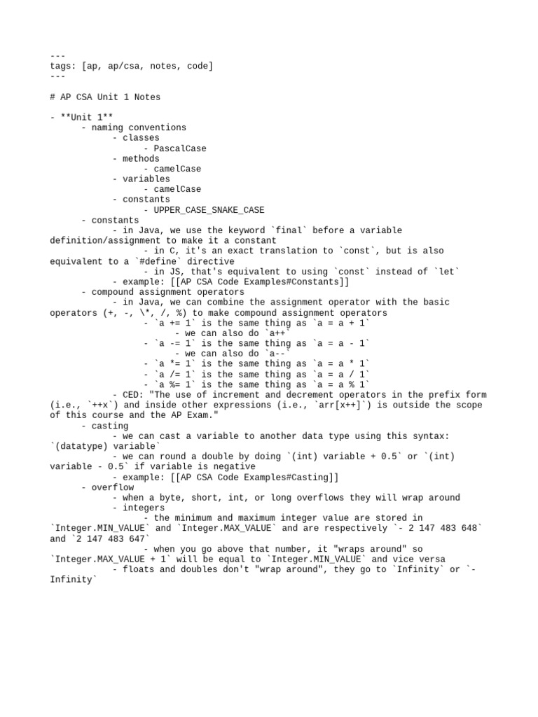 AP CSA Unit 1 Notes | PDF