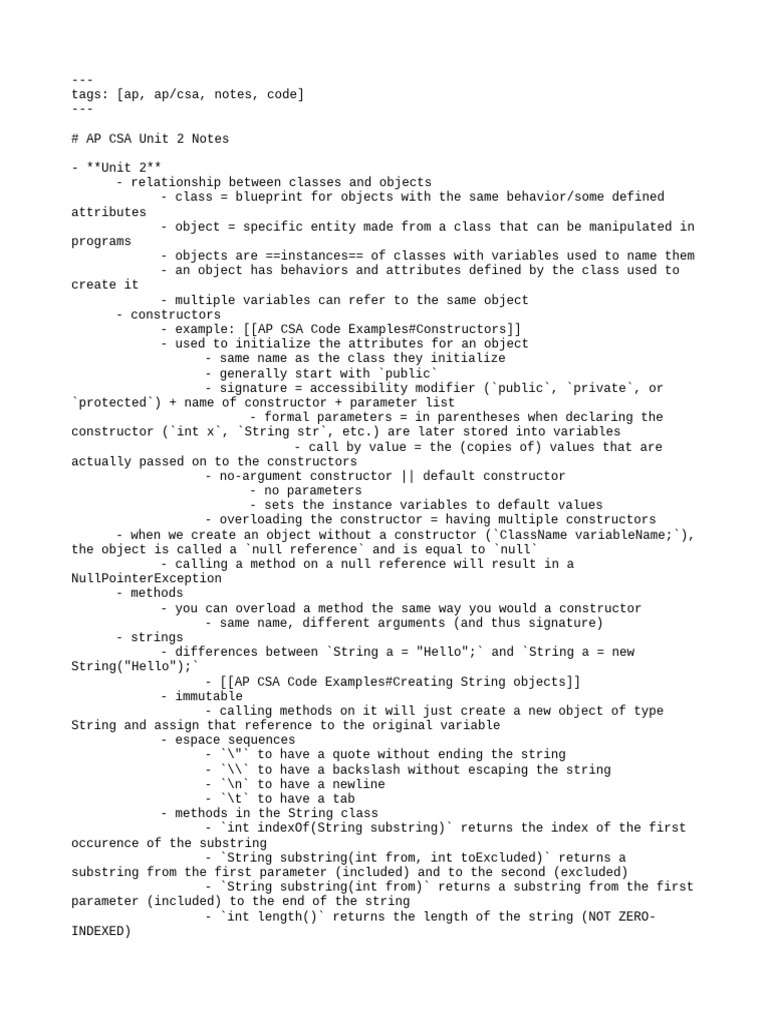 AP CSA Unit 2 Notes | PDF