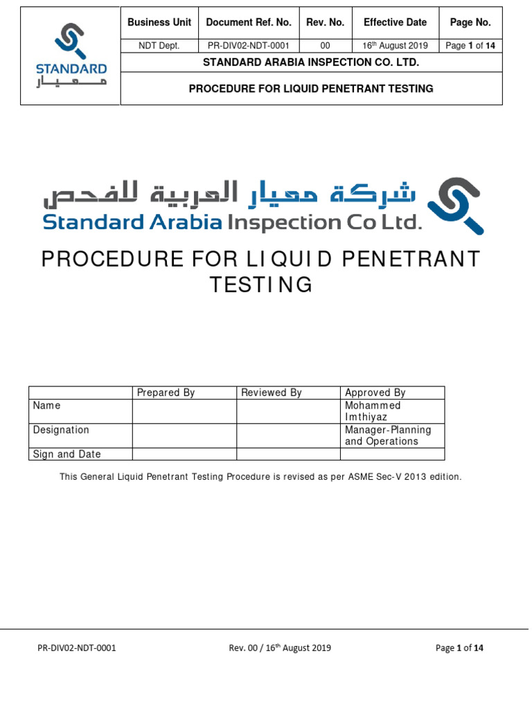 Liquid Penetrant Testing Procedure Guide | PDF | Technology & Engineering