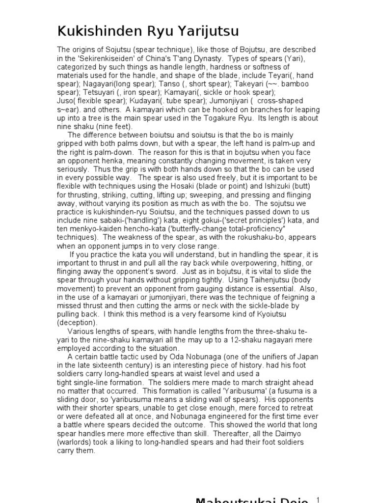 Kukishinden Ryu Yarijutsu Techniques | PDF