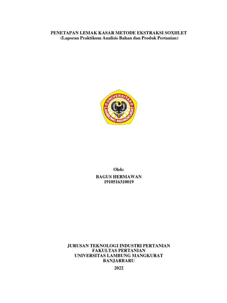 Laporan Penetapan Lemak Kasar Metode Ekstraksi Soxhlet REVISI | PDF Laporan Penetapan Lemak Kasar Metode Ekstraksi Soxhlet REVISI | PDF