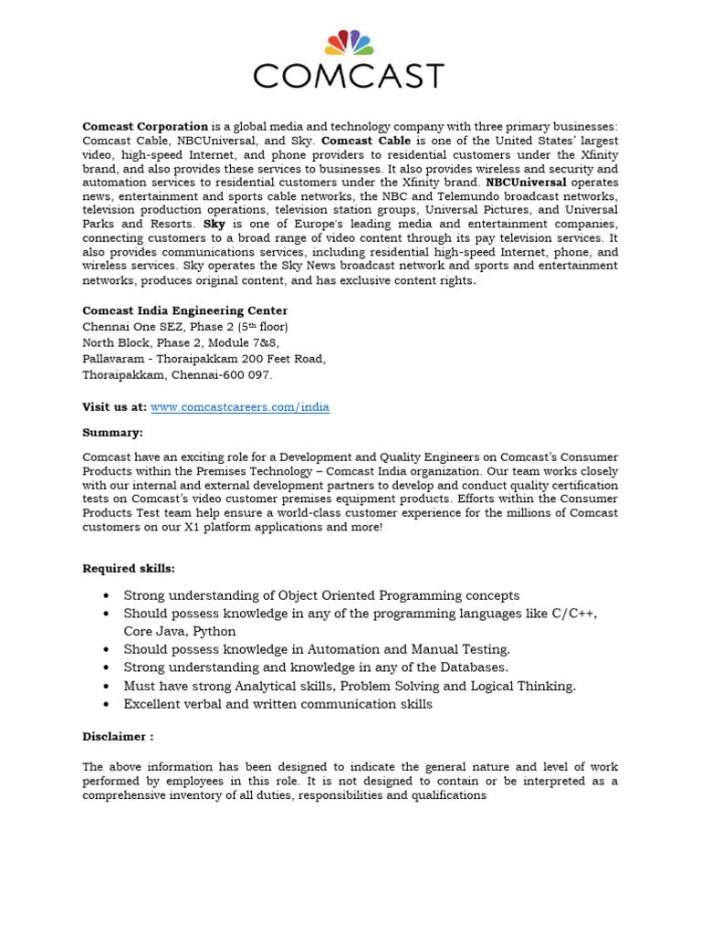 Comcast - Job Description - Internship | PDF